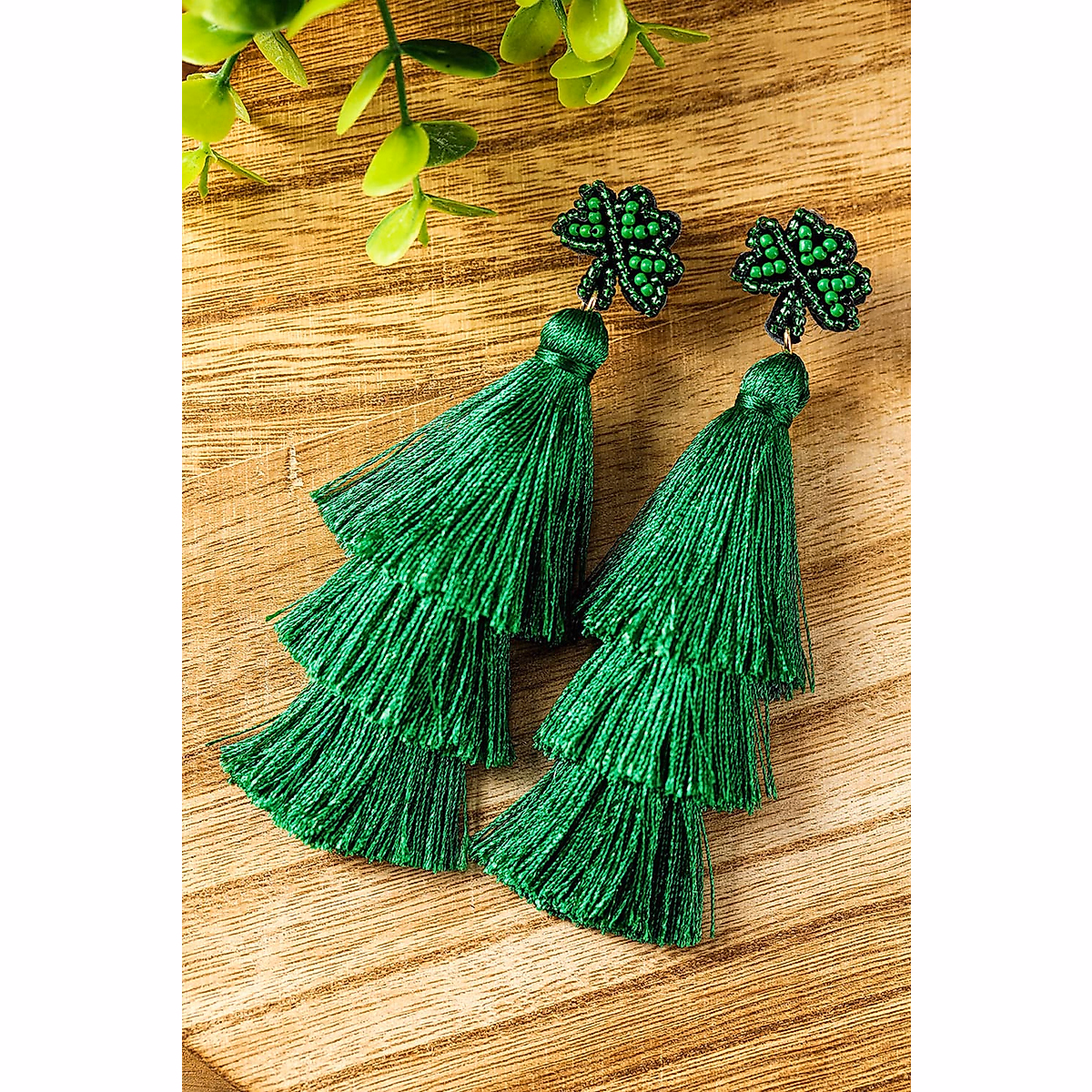 St.Patricks Day Earrings Green Clover Shamrock Beaded Earrings Handmade long Tassel Statement Dangle Earrings Jewelry for Women (St.patricks Earrings A)