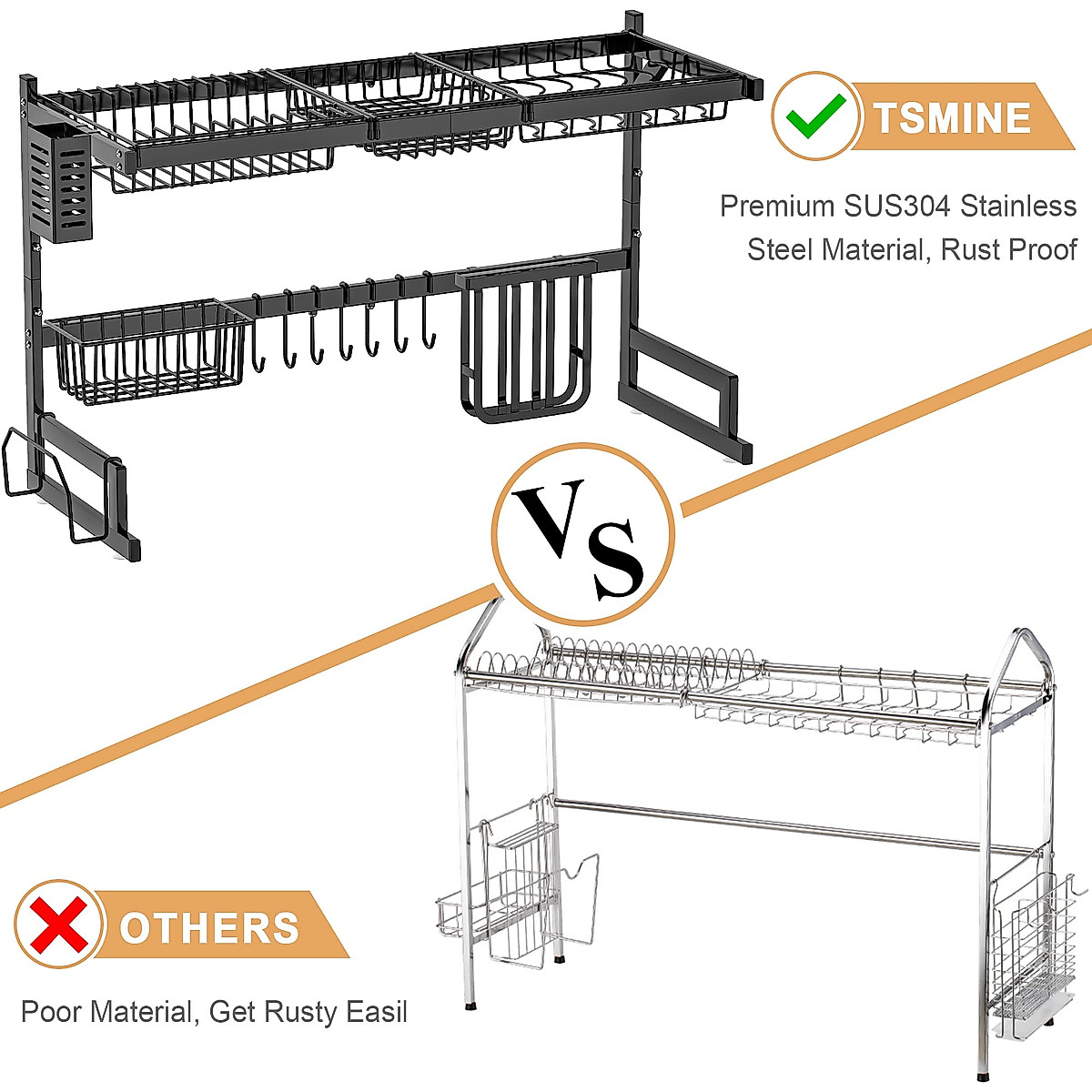 Tsmine Over The Sink Dish Drying Rack 2 Tier Stainless Steel Kitchen Dish Rack Adjustable (33.5-40.5 in), Large Dish Rack Drainer for Kitchen Organizer Storage Space Saver with 7 Utility Hooks