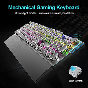 Basaltech Typewriter Style Mechanical Keyboard and Mouse Combo, Gaming Keyboard with Collapsible Wrist Rest, RGB Backlight Blue Switch Metal Penal, Round Keycaps Keyboard for PC