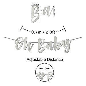 Inkdotpot Oh Baby Pre-Assembled Cursive Bunting Flags Metallic Silver Baby Shower Decor Gender Reveal Bunting Banner
