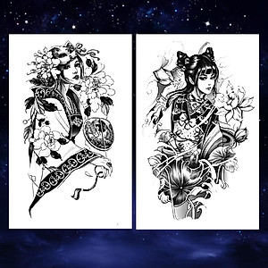 Oottati 6 Sheets Arm Fake Waterproof Temporary Tattoos Stickers Black Japanese Geisha Samurai Women Flower Lotus