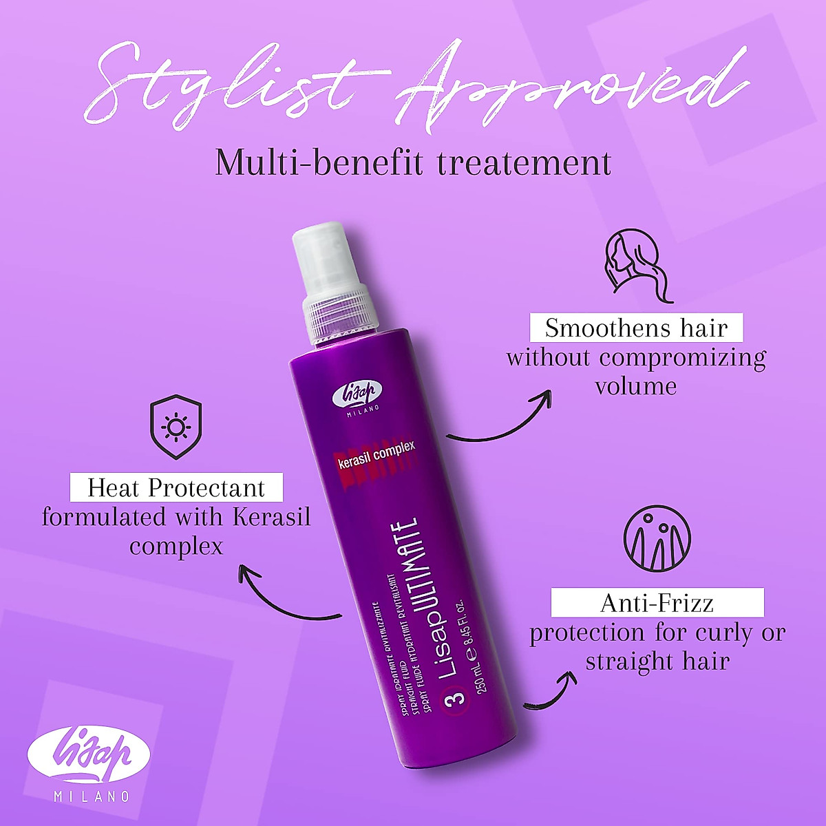 Lisap Ultimate Straight Fluid, Frizz-Smoothening Spray with Heat Protection for All Hair Types