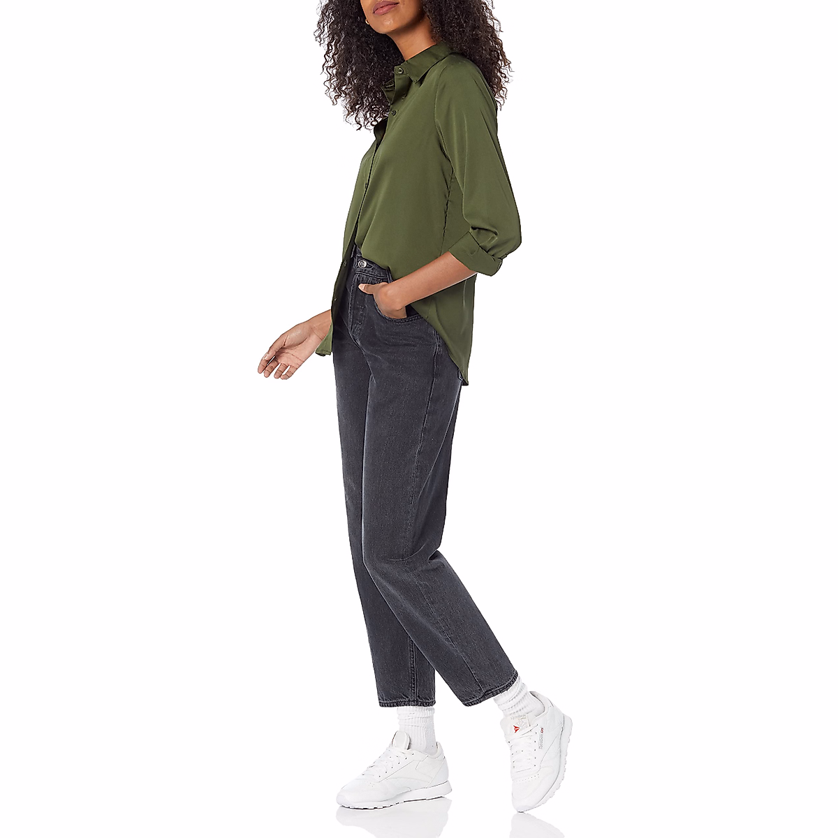 Amazon Essentials Women's Classic-Fit Satin Button Down Blouse (Available in Plus Size), Dark Olive, X-Large