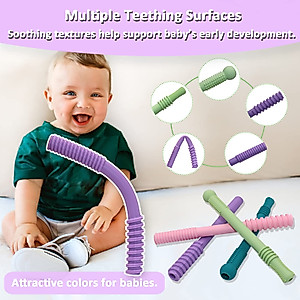 Teether Tubes for Babies 6 12 18 Months, 4 Pack Hollow Straw Toddler Teether Toys for molars, Silicone Chew Tube for Sensory Kids with Chewing or Other Special Needs, BPA Free Dishwasher Freezer Safe