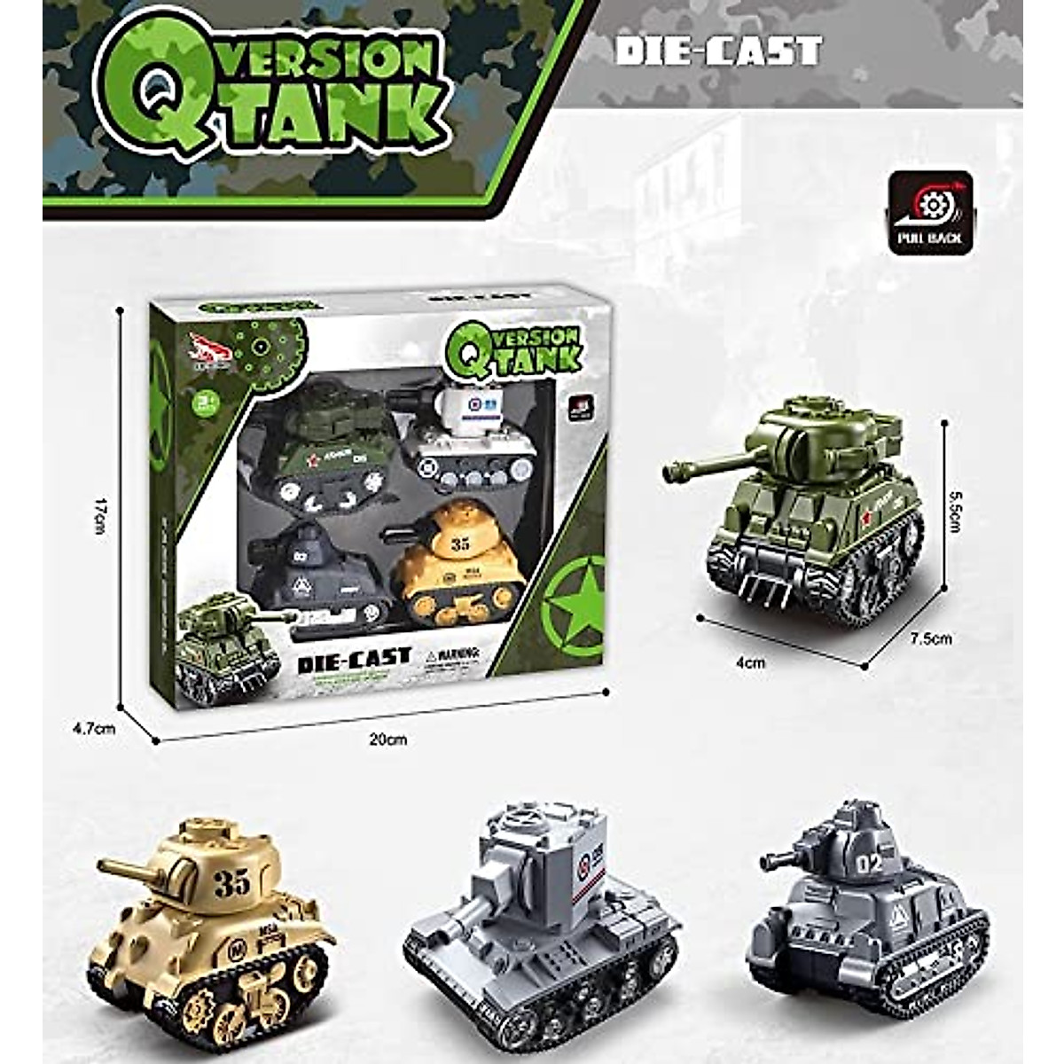 Ai-Fun 4PCS Mini Tank Pull Back Tank Model Toy Military Toy Vehicle for Kids (Solid Color)