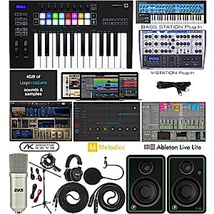 Novation Launchkey 25 MK3 USB MIDI Keyboard 25 Keys Controller with Software Pack of Ableton Live Lite and 4 GB of Loopmasters Sounds & Samples w/Mackie CR3-X Pair Studio Monitors & Instrument Cables