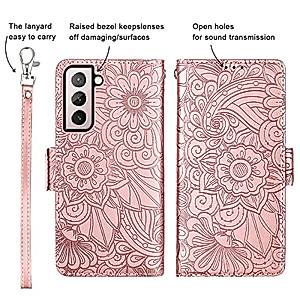 Petocase Samsung Galaxy S22 Wallet Case - Embossed Mandala Floral Leather, Wristlet Shockproof, ID & Card Slots, Rose Gold
