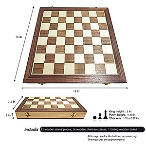 Wooden Chess & Checkers Game Board Set. Large 15x15 Wood Classic Unique Portable Travel Sets. Ajedrez