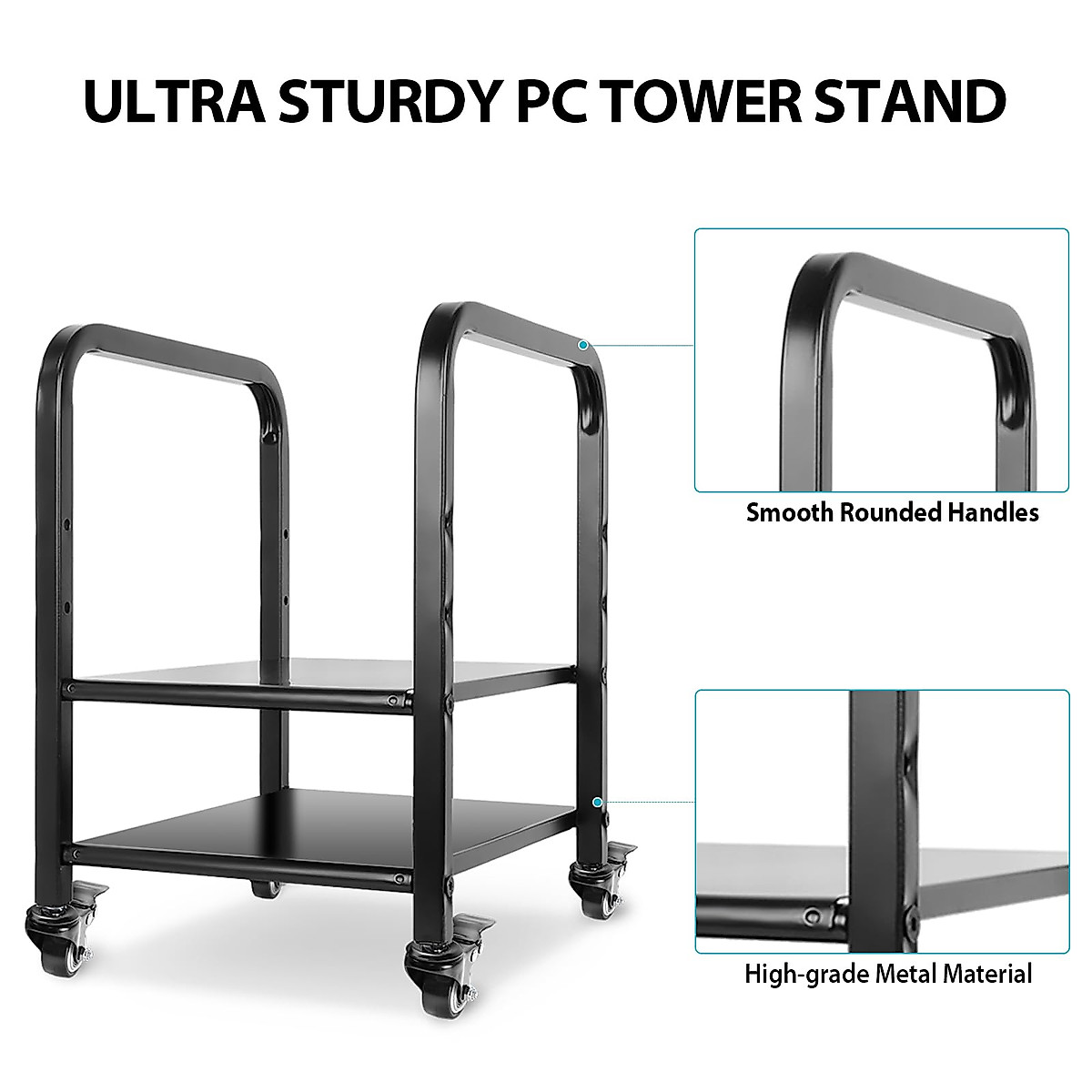 Computer Tower Stand, 360Tronics Adjustable Desktop ATX-Case CPU Holder, 2-Tier PC Rolling Stand Mobile Steel Desktop Case Stand Cart with 4 Locking Wheels for Office Home, Black