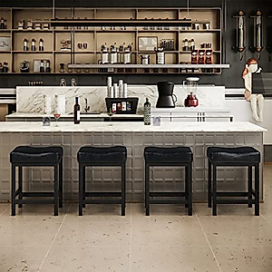 KATDANS Bar Stools Set of 2 - Counter Height Stools - 24 Inch Saddle Stool - PU Leather Kitchen Stools - Black Seat - Black Metal Base, KS861P-Black