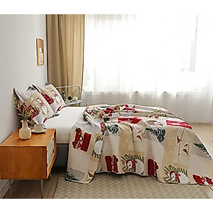 Christmas Plaid Snowman Quilt Set Queen Size (90 x 90 Inches) Reindeer Cardinal Birds Xmas Tree Snowflake Car Holiday Bedding Sets, Red Vanilla Grid Coverlet Bedspread Bed Cover Bed Set with Shams