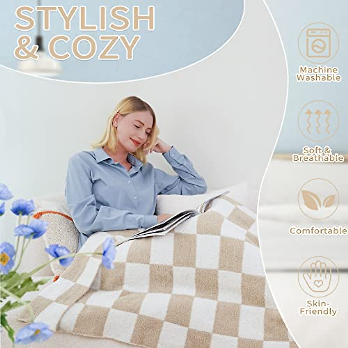 QQP Checkered Throw Blanket,Soft Cozy Microfiber Reversible Checkerboard Fluffy Throw Blanket,50X60In Blanket for Home Bed Couch.（Camel&White）