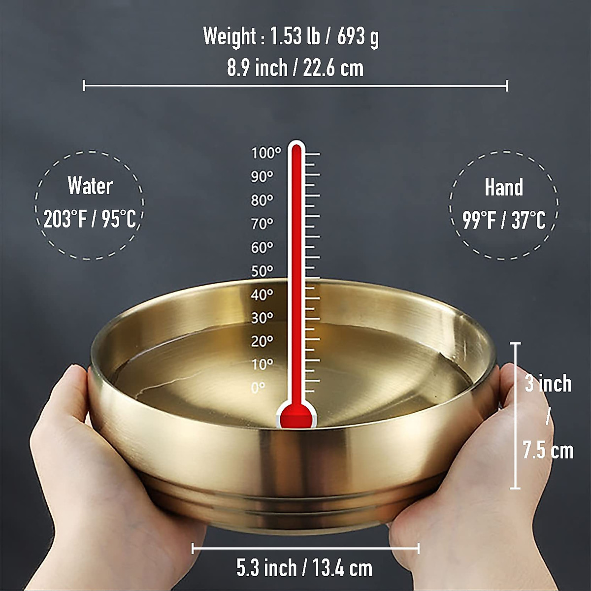 UPTALY 2 pcs Oversized 60 Ounce Korean Noodle Soup Bowls (8.9inch, Silver), 18/10 Stainless Steel Large Ramen Bowl, Heavy Duty (1.53 lb/per), Double Wall Insulated Bowl for Udon and Soba