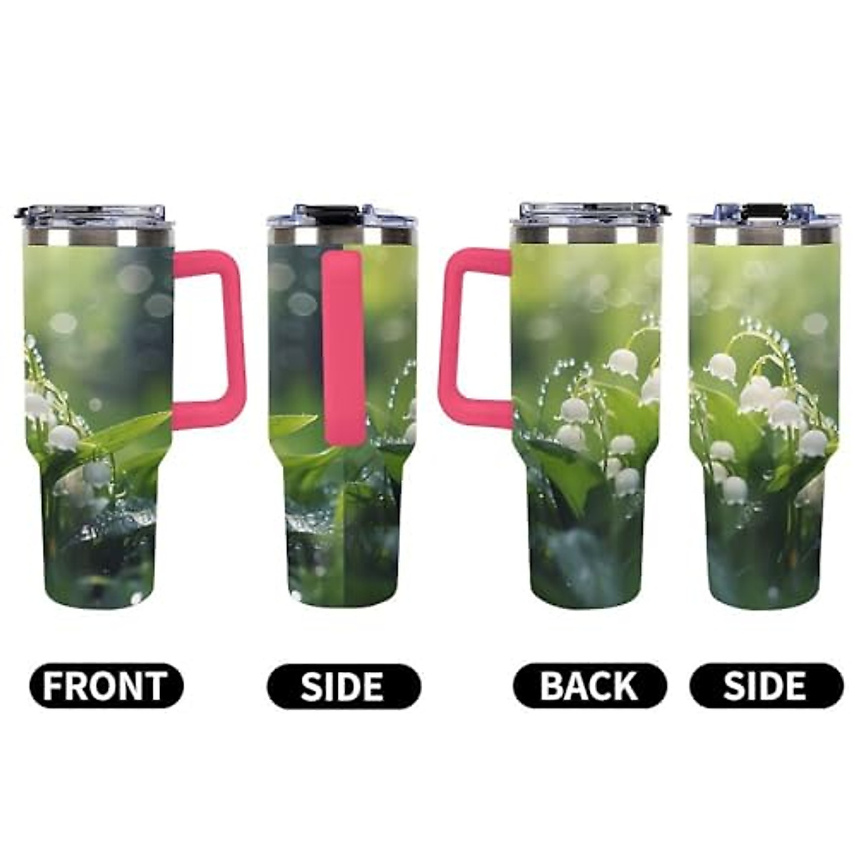 Lily of The Valley Flowers Green Leaves 40 Oz Car Cup Stainless Steel Travel Mug Leak-Proof Insulated Tumbler with Handle Light Rose Red-style