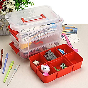 BTSKY 3 Layer Stack & Carry Box, Plastic Multipurpose Portable Storage Container Box Handled Organizer Storage Box with Removable Tray for Organizing Sewing, Art Craft, Supplies Red