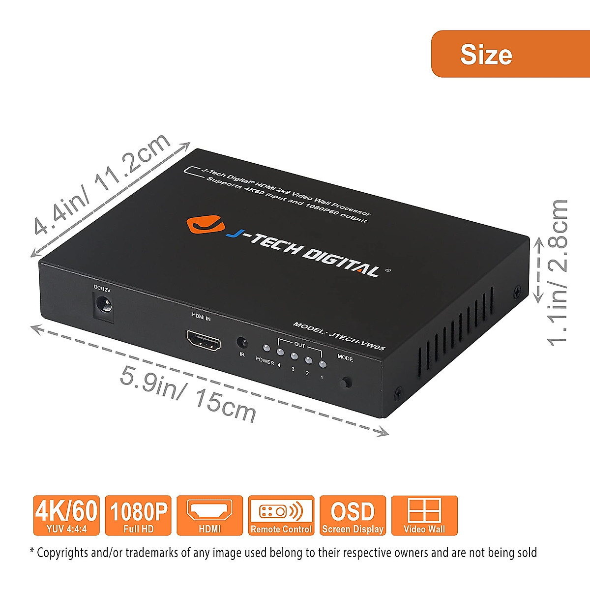 J-Tech Digital 4K60Hz 2x2 Video Wall Controller Processor 4k60Hz in, 1080P60hz out w/ Image Rotation, 8 Display Modes. HDCP 1.4 [JTECH-VW05]