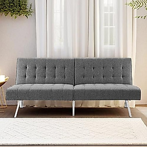 Naomi Home Tufted Split Back Futon Convertible Sofa Bed, Futon Couches for Living Room, Linen Futon Couch Bed with Chrome Legs, Folding, Reclining Small Convertible Sofa Bed, Gray