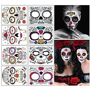 Temporary Face Tattoo, 8 Kits Tattoos Sugar Skull Stickers Day of The Dead Makeup, Face Tattoo Rose Design for Halloween, Masquerade and Parties