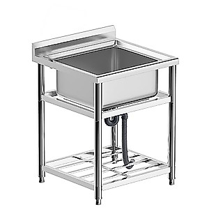 Freestanding Stainless Steel Sink, Commercial Restaurant Sink, Large Single Bowl Sink, Outdoor Sink, for Business Restaurant, Cafe, Bar, Hotel, Garage, Laundry Room, Outdoor, W23.5” × D25.2” × H33.5”