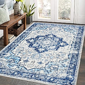 GlowSol Washable Area Rug 9x12 Boho Floral Non-Slip Rugs Vintage Low Pile Carpet Medallion Rugs for Living Room Bedroom Dining Room Office,9x12