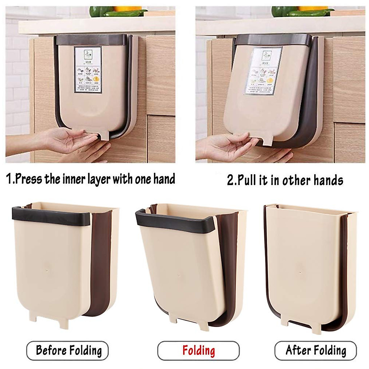 LINKINTEREST Hanging Trash Can,Silicone Folding Waste Bins Kitchen Foldable Trash Can Collapsible Small Garbage Can Compact Portable Waste Bin for Home Kitchen Room Cabinet Door Drawer - 6L