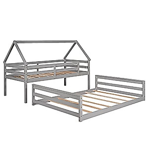 Twin Over Full House Bunk Bed with Built-in Ladder, Low Bunk Bed Fram w/Safety Guard Rails and Wood Slat Support for Kids Teens Adults, Convertible to 2 Beds, No Box Spring Required,Gray
