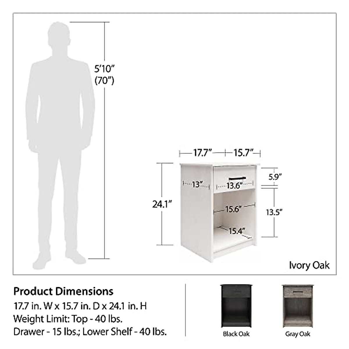 Ameriwood Home Edgewater Nightstand with Drawer, Grey Oak