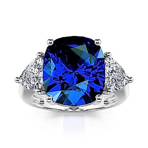 Jeulia Cushion Cut Gemstone Three Stone Ring: Sterling Silver Blue Simulated Sapphire Women's Engagement Ring Wedding Anniversary Christmas Birthday with Jewelry Gift Box (Sapphire, 8)