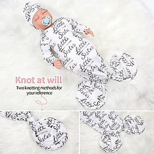 Mikccer Baby Newborn Knotted Gown 0-6 Months, Soft Breathable Sleeper Gowns, Babies Girl Coming Home Outfit Infant Little Sister Nightgowns with Hat Set