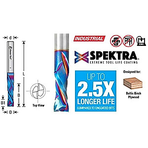 Amana Tool 46704-K CNC SC Spektra Extreme Tool Life Coated Compression Spiral 3/8 D x 1-1/4 CH x 3/8 SHK x 3 Inch Long 2 Flute Router Bit for Birch Plywood