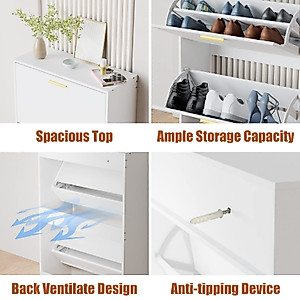 JOZZBY Shoe Cabinet Storage for Entryway, Slim White Hidden Shoe Organizer Cabinet with 2 Flip Drawers, Wooden Narrow Shoe Rack with 2 Tier Freestanding for Hallway, Living Room