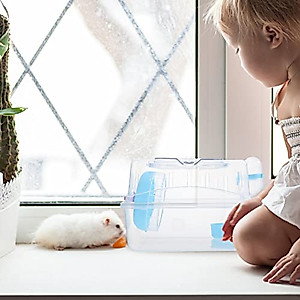 POPETPOP Transparent Hamster Cage Small Animal Habitat Clear Portable Hamster Carrier Cage Plastic House with Exercise Wheel Litter Box for Gerbils Bear Mice Rat Guinea Pig Blue