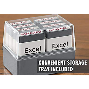 ExcelMark Mini Office Message Rubber Stamp Set - Red Ink - Storage Tray Included