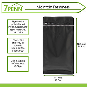 7Penn Resealable Coffee Bags - 16oz 50pk Black Packaging Zipper Pouch Coffee Bags with Valve for Coffee, Candy, or Herbs
