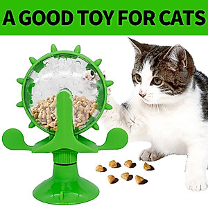 HXJWG Cat Treat Dispenser Toy,Fun Interactive 360 DegreeRotating Food Leakage Device,Fun Interactive 360 Degree Rotating Windmill pet Treat Dispenser Toy with Suction Cup, GREEN