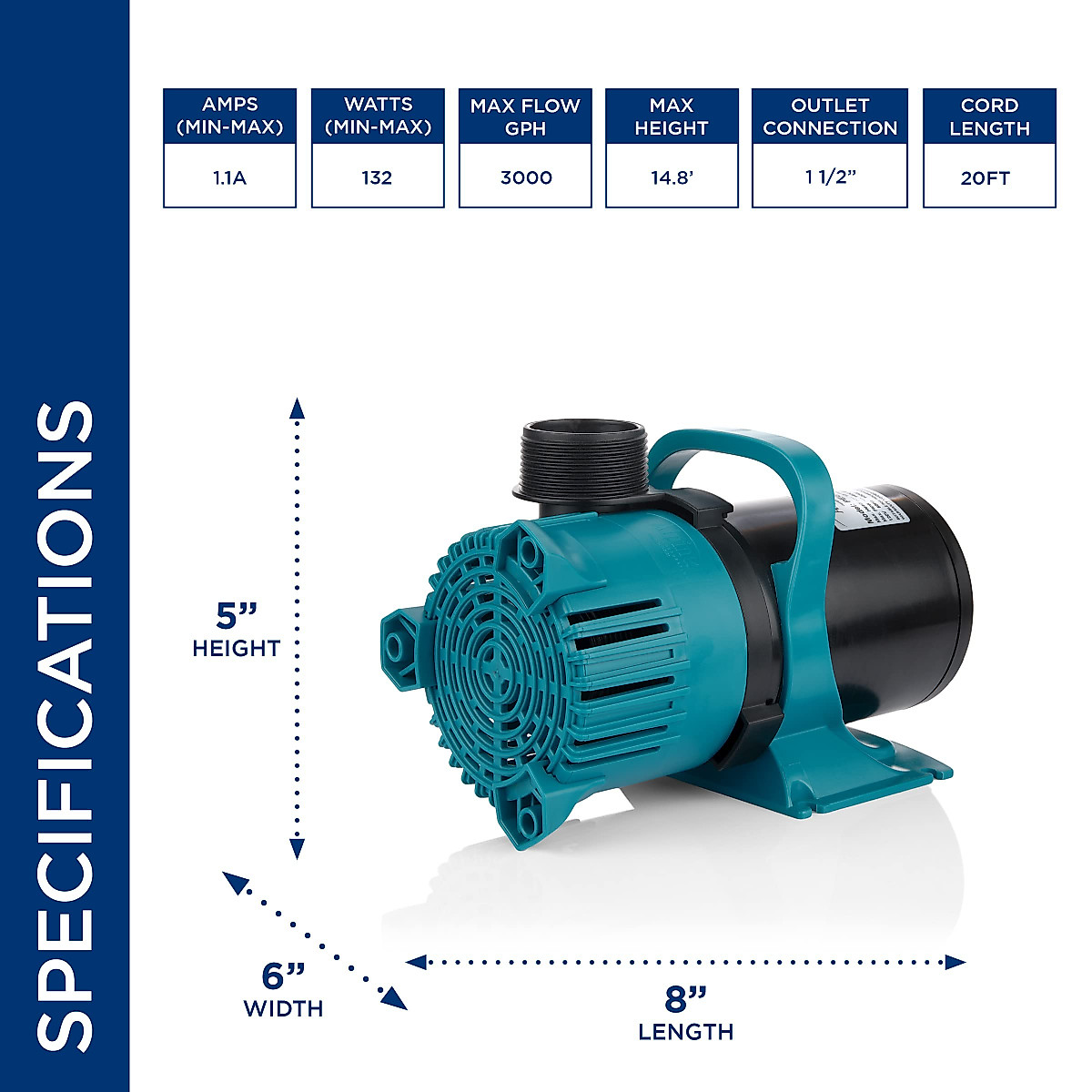 Alpine Corporation 3000 GPH Vortex Energy-Saving Pump for Ponds, Fountains, Waterfalls, and Water Circulation