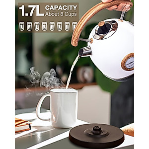 Electric Tea Kettle, Hot Water Boiler with Thermometer 1.7 Liter Stainless Steel Teapot, BPA Free, 1500W, SMOLON Wood Pattern Handle Pour-Over Electric Kettle with LED Indicator Auto Shut-Off, White