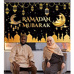 JKQ Ramadan Mubarak Backdrop Banner 71 x 43 Inch Muslim Ramadan Background Banner Lantern Moon Castle Islamic Eid Mubarak Festival Party Decorations Ramadan Kareem Indoor Outdoor Photo Booth Props