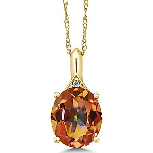 Gem Stone King 14K Yellow Gold Oval Gemstone Birthstone and White Diamond Necklace | Oval 12X10MM | White Gold Pendant Necklace For Women | with 18 Inch Chain