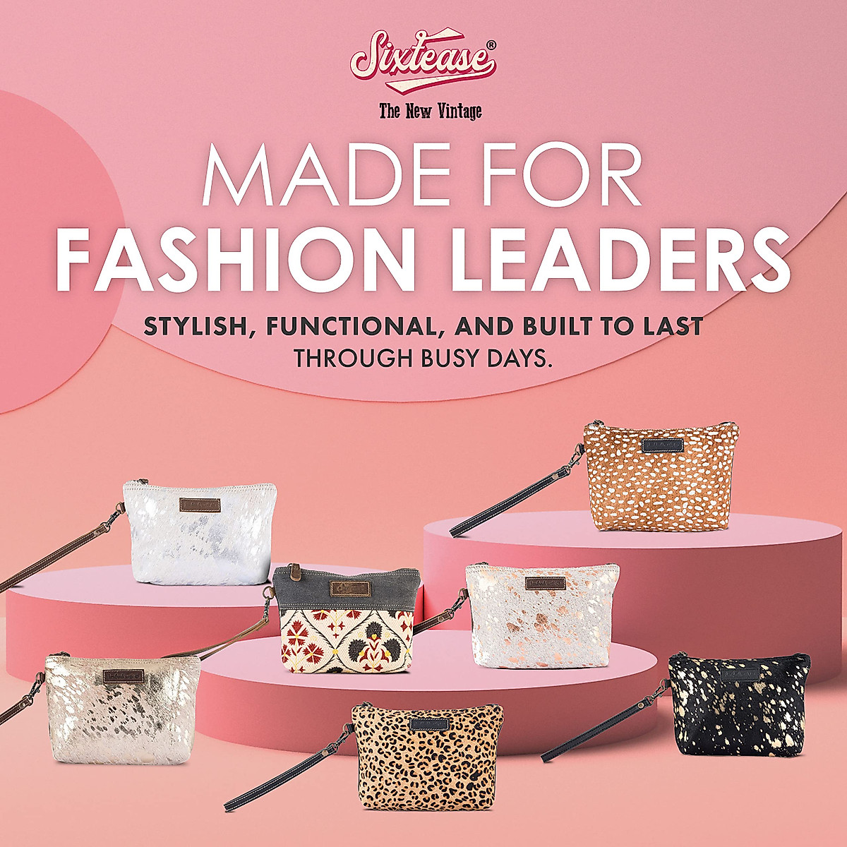 SIXTEASE Women's Fashion Wristlet Small Clutch With Wrist Strap - Vintage Style Zipper Made with Genuine Leather, Upcycled Canvas, Rug, or Hair On - Unique Designs, Hand Stitched - Mink