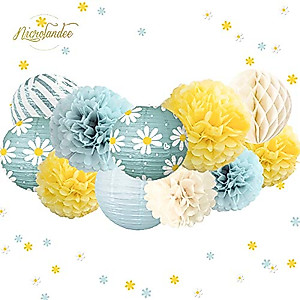 NICROLANDEE 12Pcs Yellow Blue Daisy Paper Lanterns Tissue Pom Poms Table Confetti 50G for Daisy Party, Boho First Birthday, Garden Party, Wedding, Baby Shower, Bridal Shower, Easter Decor