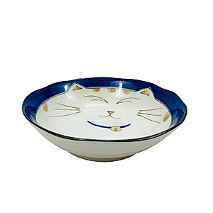 JapanBargain, Japanese Porcelain Shallow Soup Bowl for Dinner Lunch Rice Poke Donburi Udon Ramen Noodle Pasta Cereal Maneki Neko Lucky Cat Pattern for Cat Lovers Made in Japan, Blue (4, 6.75-inch)