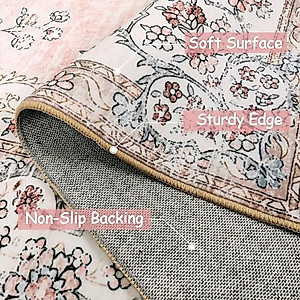 Lahome Machine Washable Round Rug 5Ft, Soft Boho Pink Round Area Rugs for Nursery and Girls Bedroom, Pastel Floral Ultra-Thin Non-Slip Circle Carpet for Living Room Indoor Floor Home Office Decor