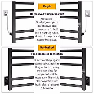 PeakTrivol 8-Bar Towel Warmer with Fast Heating, Auto Shut-Off Timer, Matte Black Finish - Hardwired or Plug-in Options - Ideal for Hot Towels in Bathroom