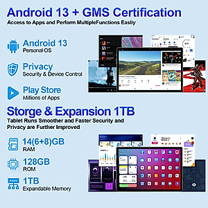 Tablet 10.1 inch Android 13 Tablet Octa-Core 2.0 GHz, 14GB RAM 128GB ROM TF 1TB, 5+8MP Camera, 8000mAh Battery, 5G WiFi, Bluetooth 5.0, HD IPS Screen Tablet with Keyboard Mouse - Black Birthday Gifts