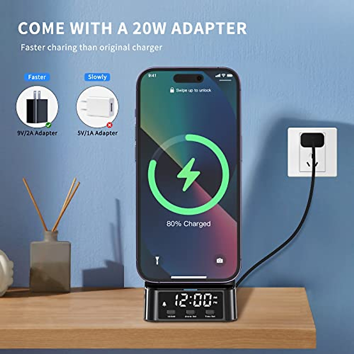 Fast Wireless Charger,4 in 1 Wireless Charging Station with Alarm Clock Compatible with iPhone 14/13/12/11/Pro/Max/XS/XR,Phone Charger Stand Dock for Apple Watch and Airpods(with 20W Adapter)
