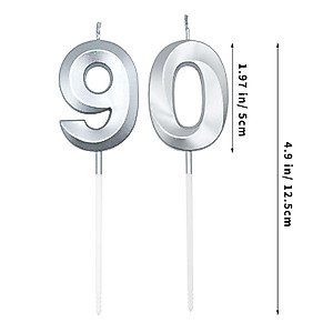 Silver 90th Birthday Candles for Cakes, Number 90 Candle Cake Cupcake Topper for Birthday Anniversary Party Decoration