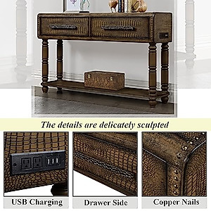 Tidyard Retro Sofa Table, 54 inch Pine Wood Console Table with 2 Power Outlets and 2 USB Ports Sofa and Couch End Table for Entryway, Foyer, Living Room, Bedroom Furniture