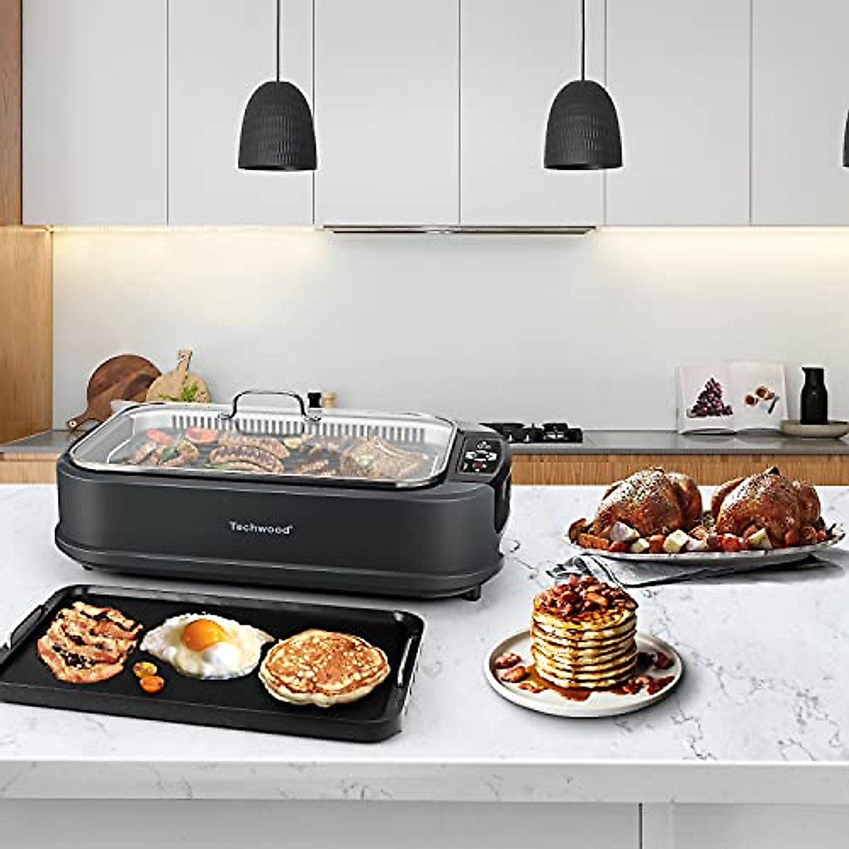 Indoor Smokeless Grill, Techwood 1500W Electric BBQ Grill with Temperature Control, Korean Grill Removable Grill & Griddle Plates, Tempered Glass Lid