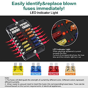 Deyooxi 12 Way 12V Blade Fuse Block,12 Circuit ATC/ATO Fuse Box Holder with LED Indicator Waterpoof Cover for 12V/24V Automotive Truck Boat Marine RV Van Vehicle (with 16 pcs Fuse)
